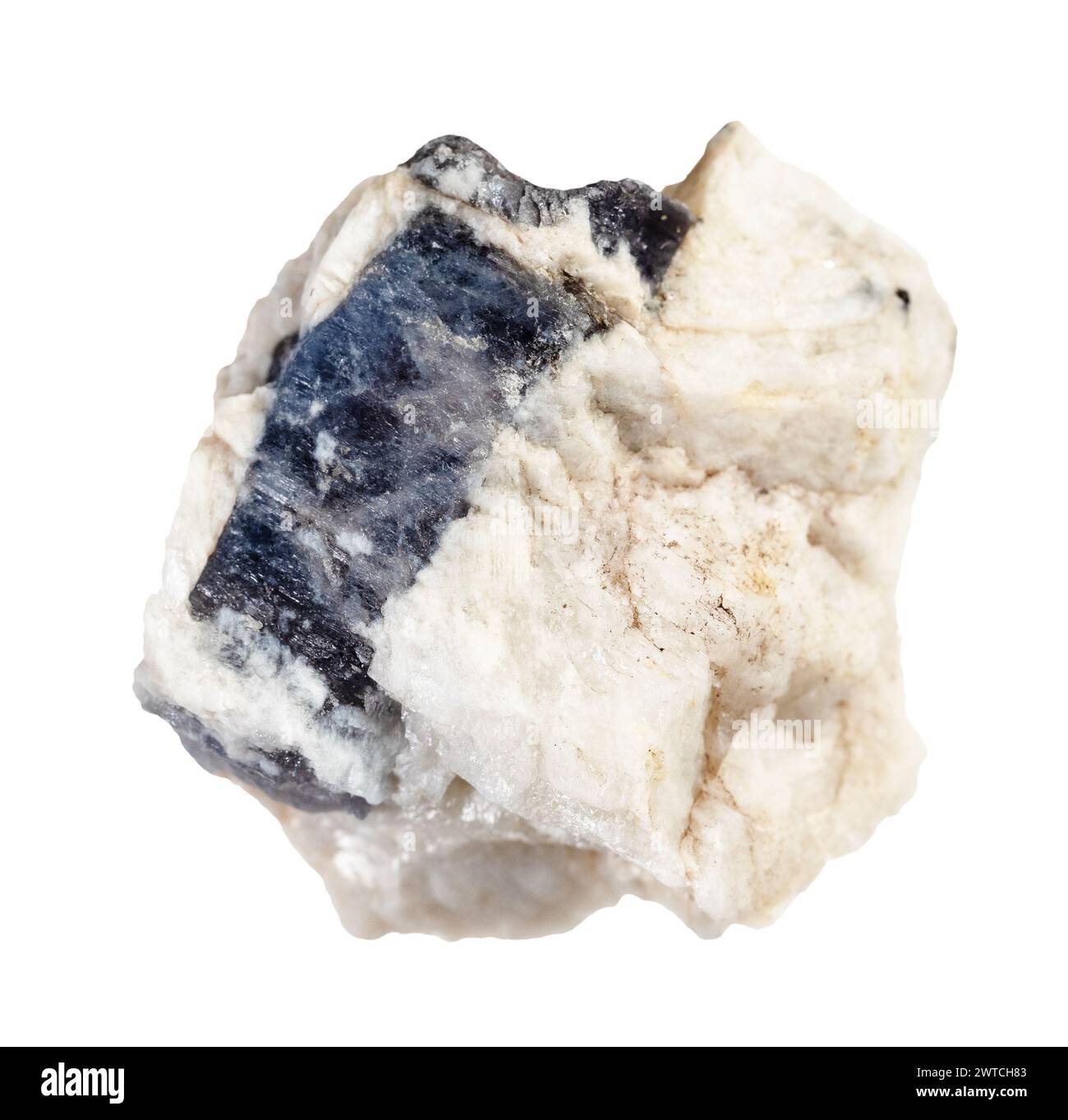 specimen of natural raw blue corundum sapphire crystal in rock cutout ...