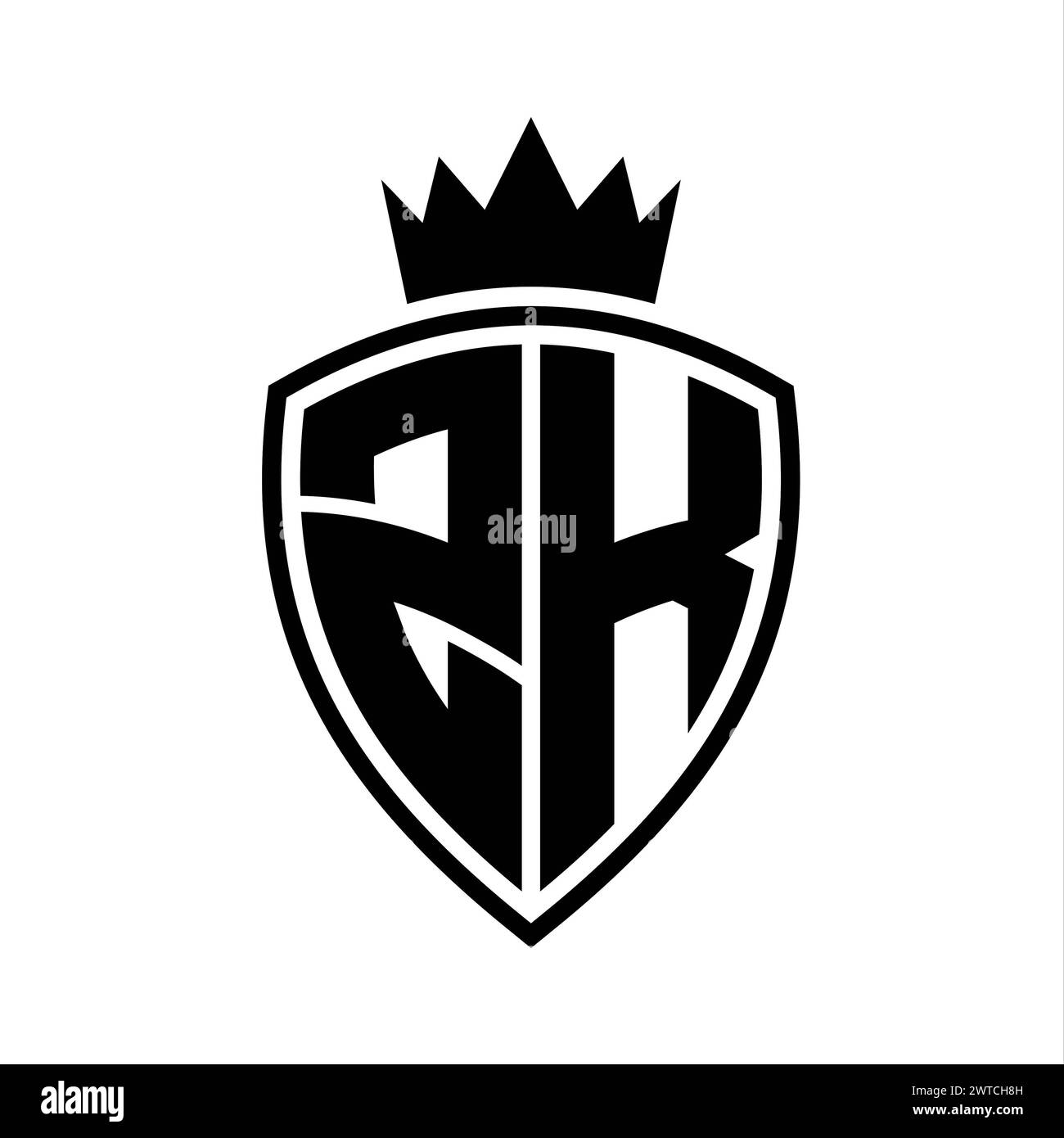 ZK Letter bold monogram with shield and crown outline shape with black ...
