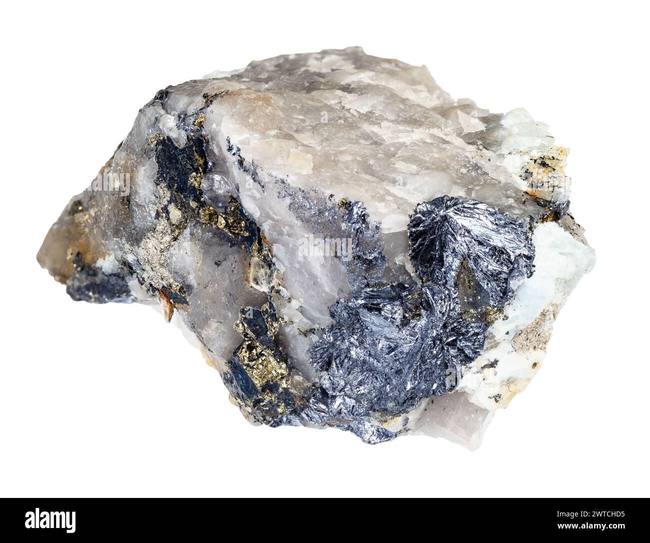 specimen of natural molybdenite and chalcopyrite in colorless beryl ...