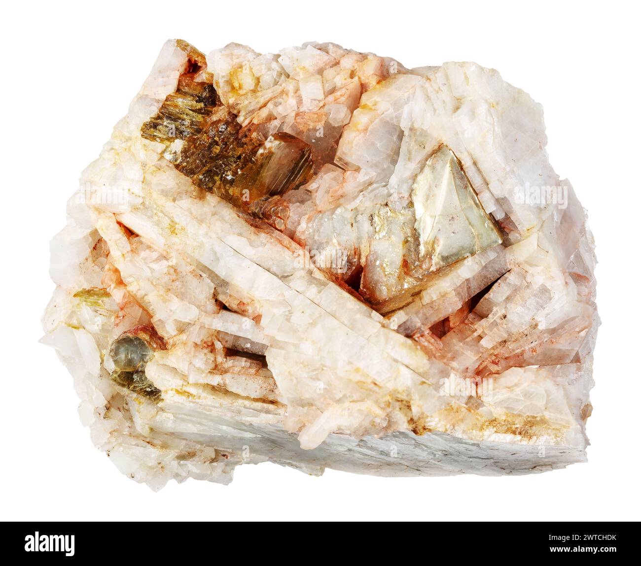 specimen of natural raw albite rock with muscovite mica cutout on white ...