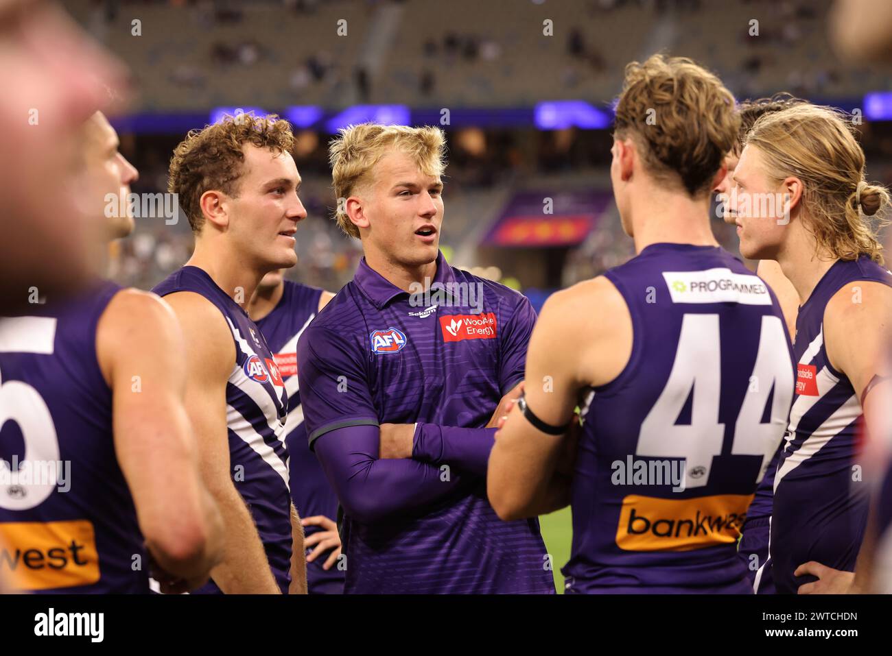 Perth, Australia. 17th Mar, 2024. Karl Worner of the Dockers talks to ...