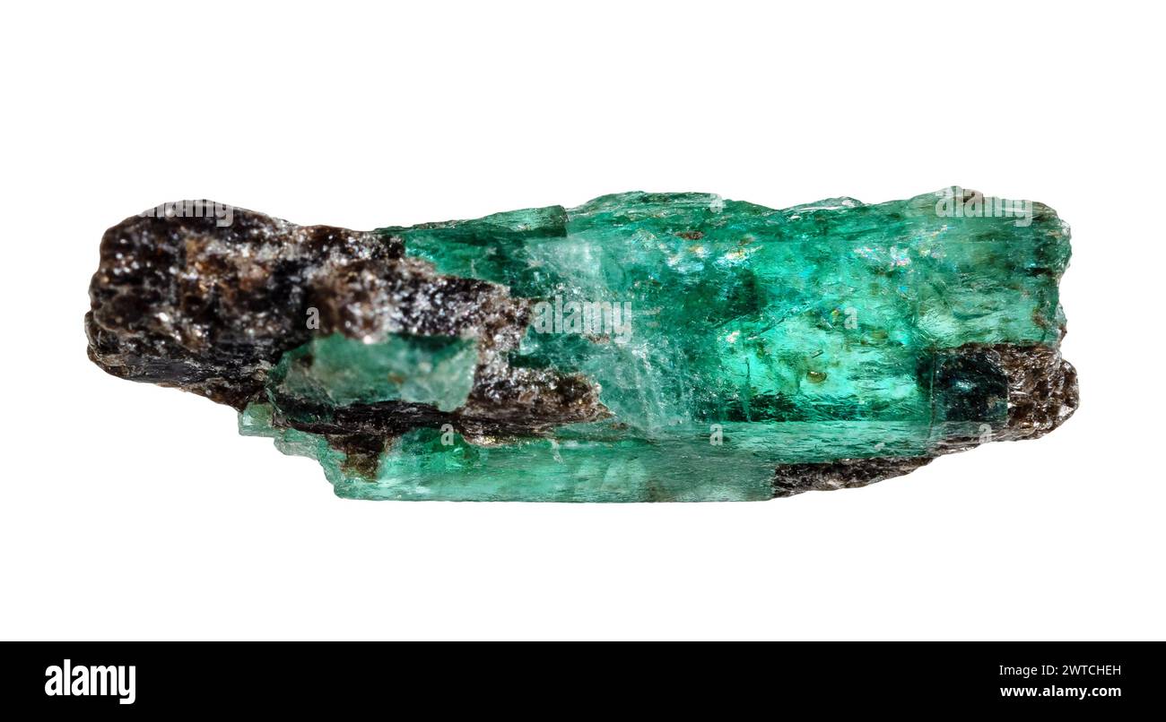 specimen of natural rough emerald crystal cutout on white background ...