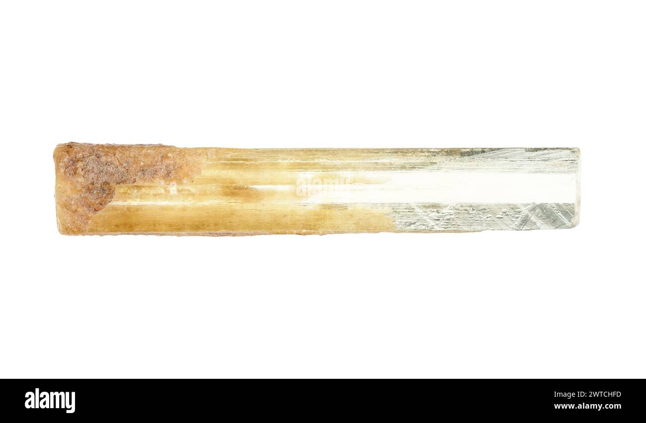 specimen of natural raw heliodor yellow beryl crystal cutout on white ...