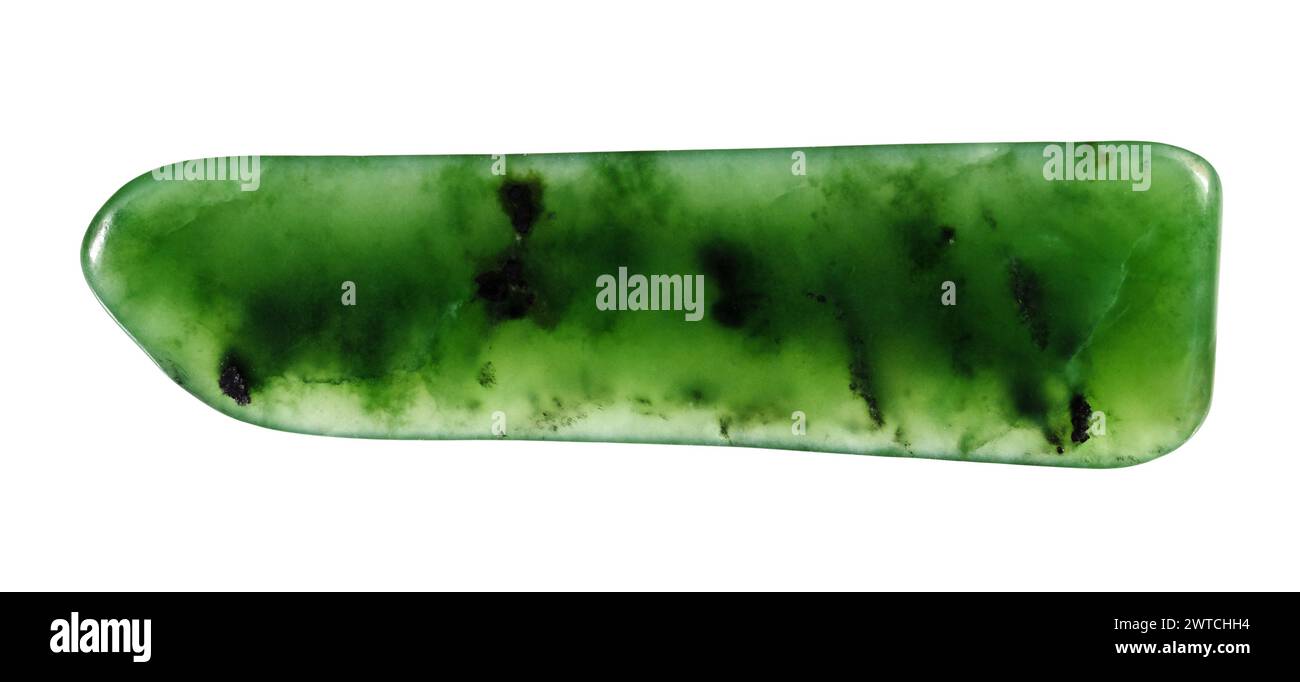 specimen of natural polished green nephrite stone cutout on white ...