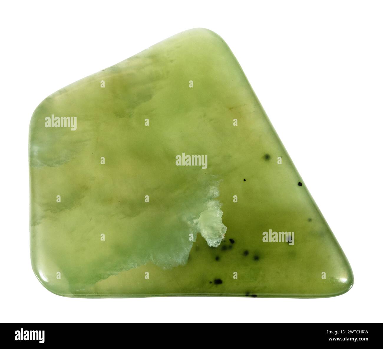 specimen of natural polished green nephrite gemstone cutout on white ...