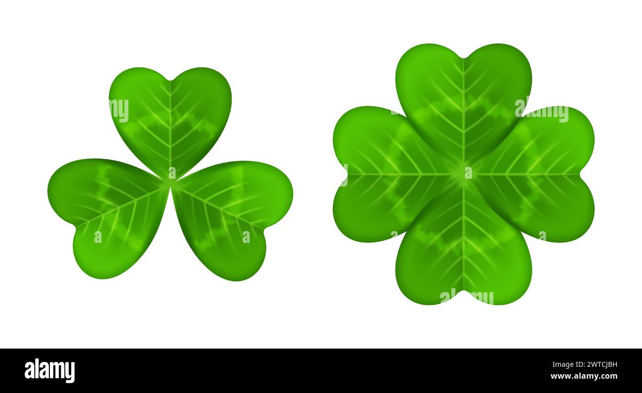 Realistic shamrock icon. Clover three leaves logo. Green floral sticker ...
