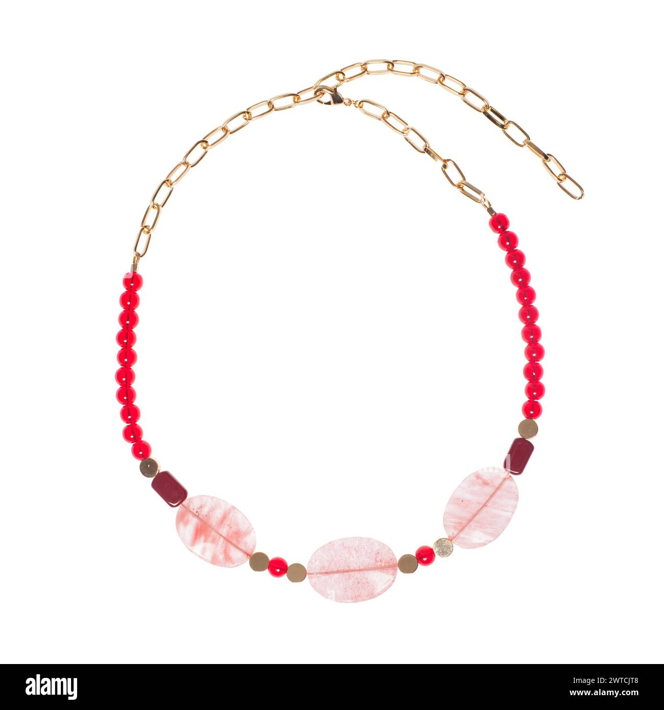 Bright red jewelry necklace with semiprecious stones, coral and gold ...