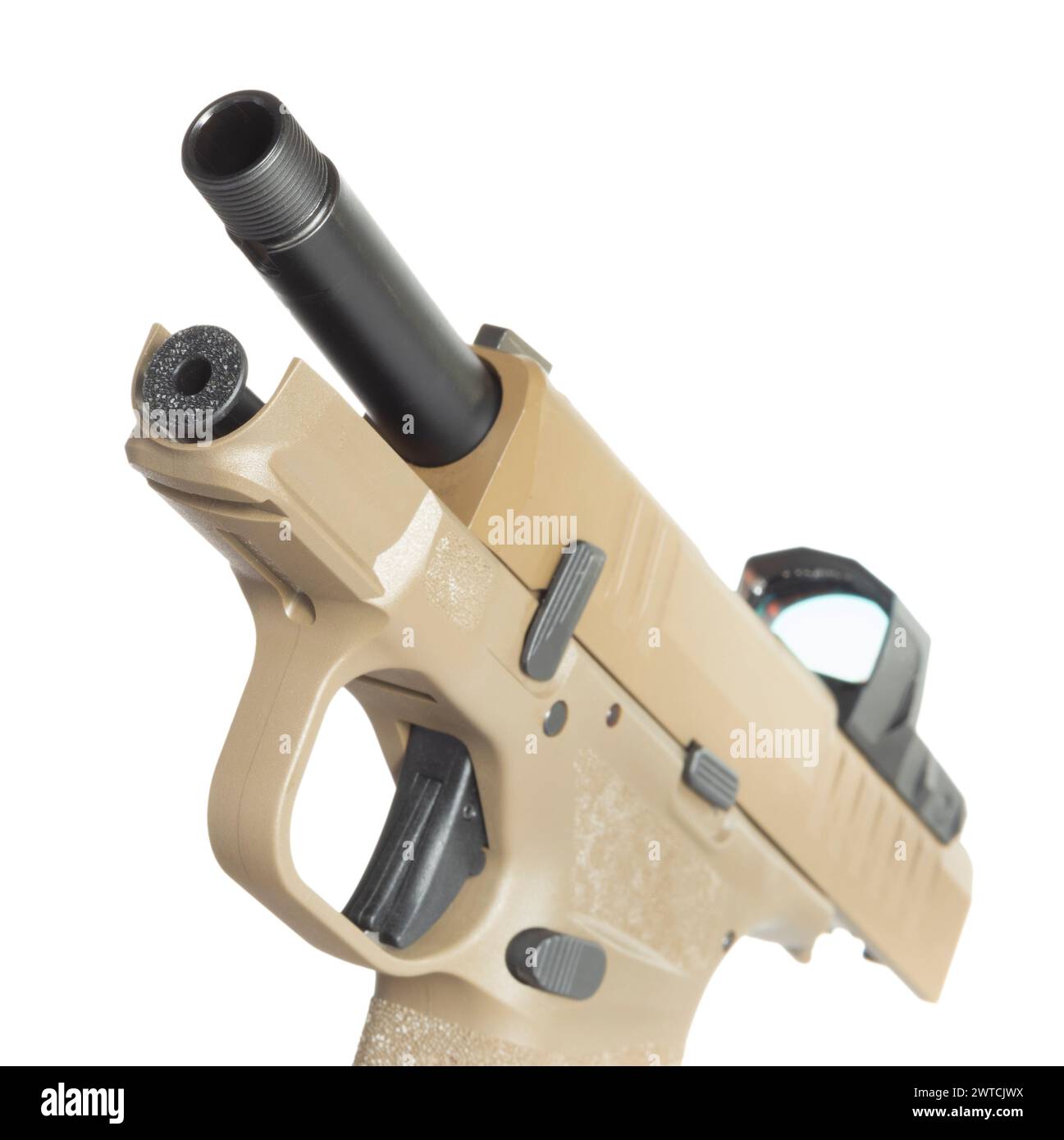 Semi auto concealed carry 9 mm handgun with a threaded barrel and red ...