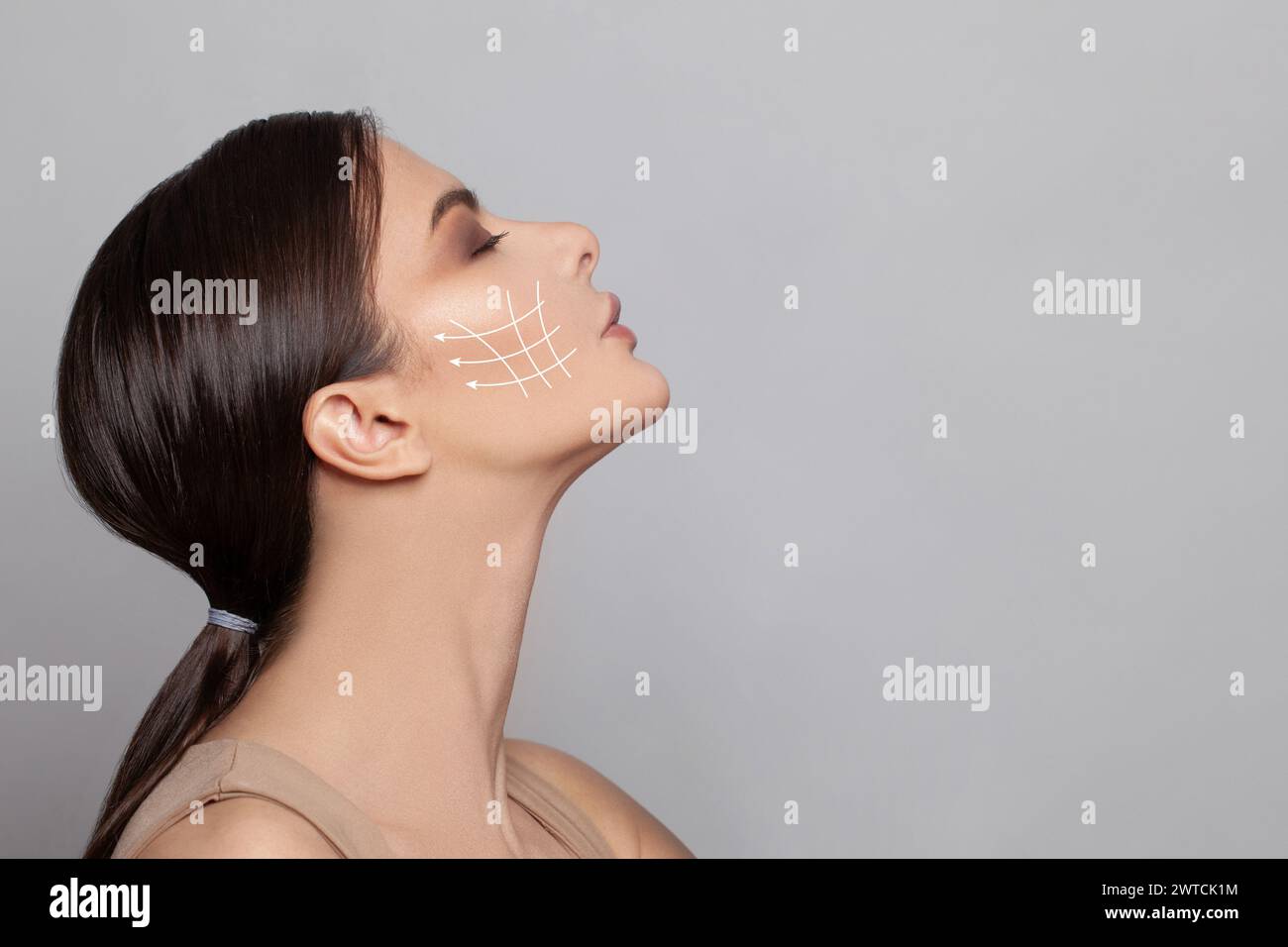 Young fashion model face with long neck close up. Medicine, facial ...