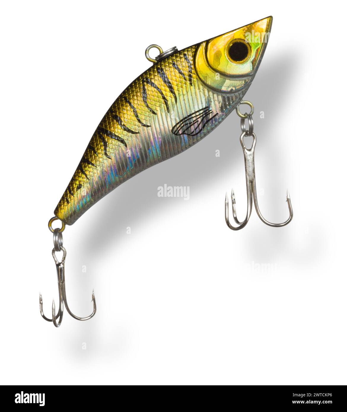 Artificial fishing lure with gold and yellow color and two treble hooks ...