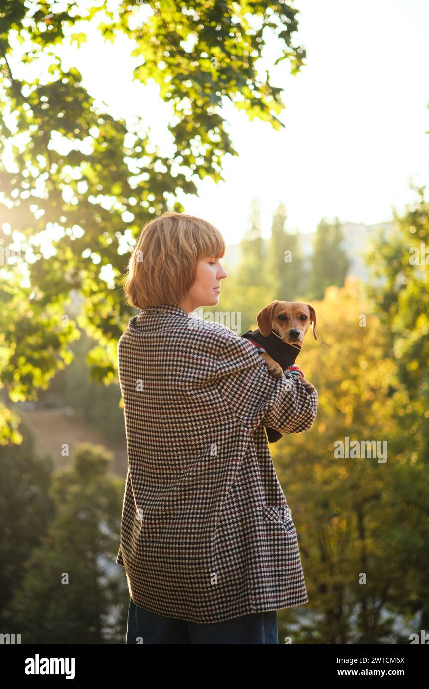 Owner walking with dog together in park outdoors, summer vacation ...