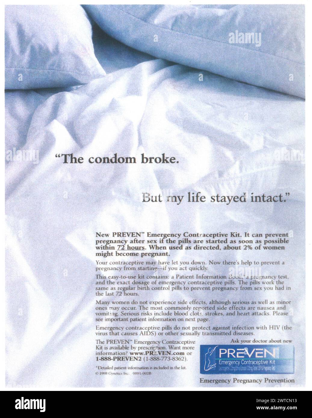 1998 Preven emergency contraceptive kit ad - pregnancy prevention kit ad. "The condom broke ...