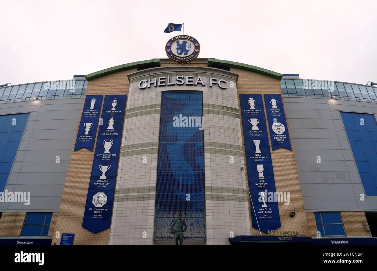 A Chelsea club crest and banners featuring their trophy successes ...