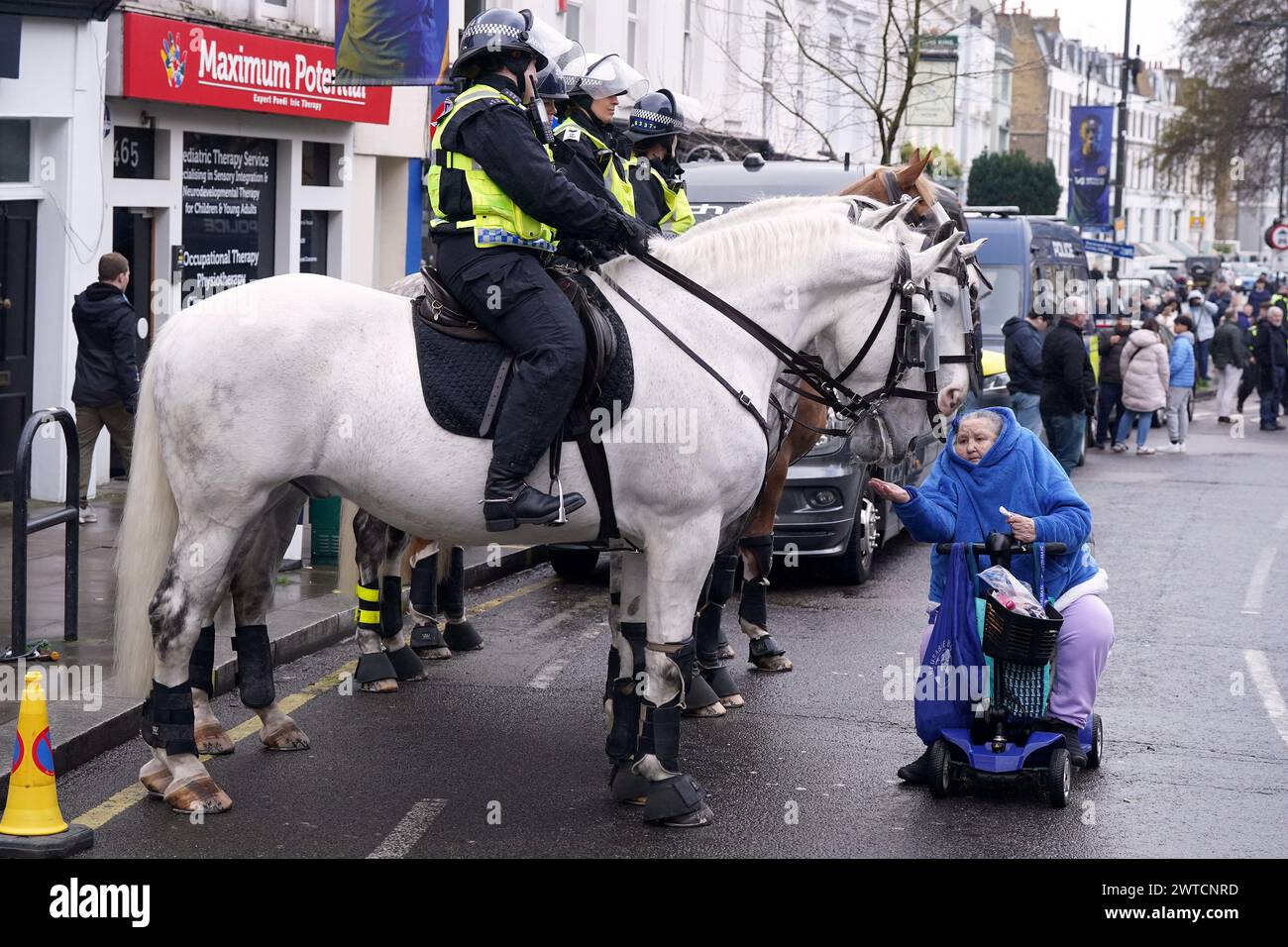 A Chelsea fan feeds police horses ahead of the Emirates FA Cup quarter ...