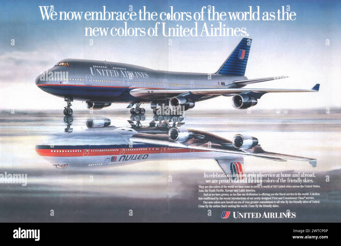 1993 United Airlines "Battleship Gray" new livery Boeing 777 Ad Stock ...