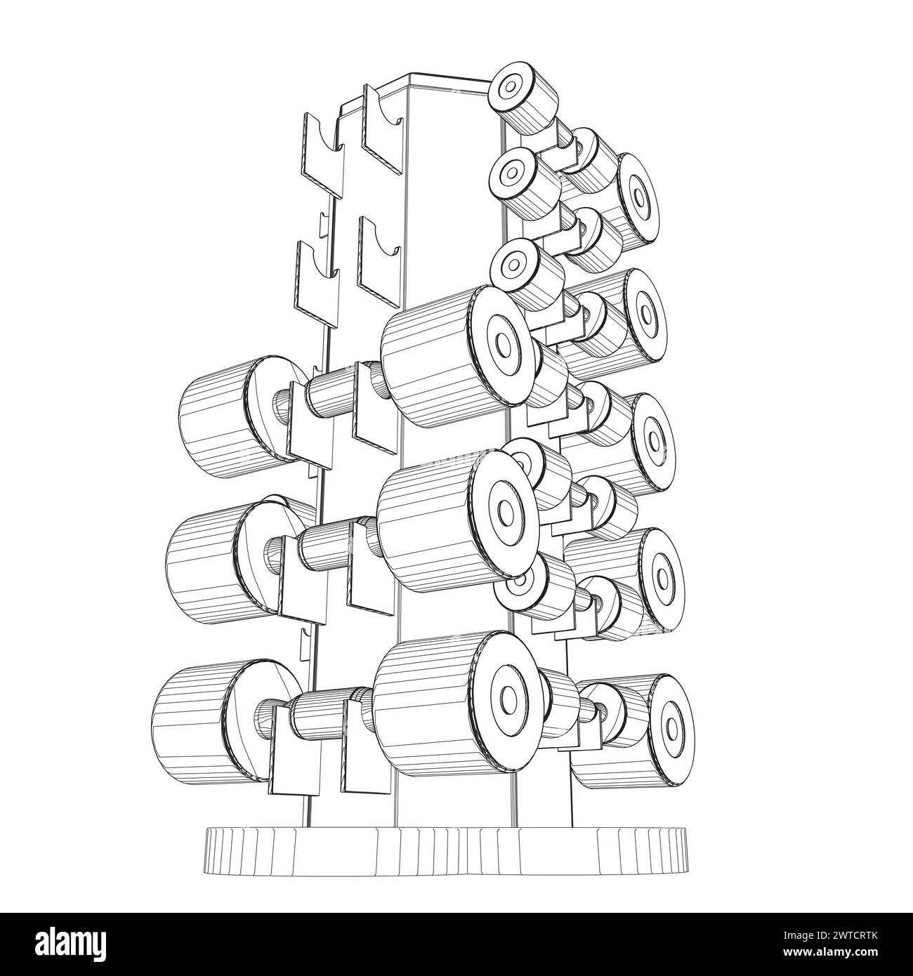 Outline of a set of dumbbells of different sizes placed on a rack. Set ...