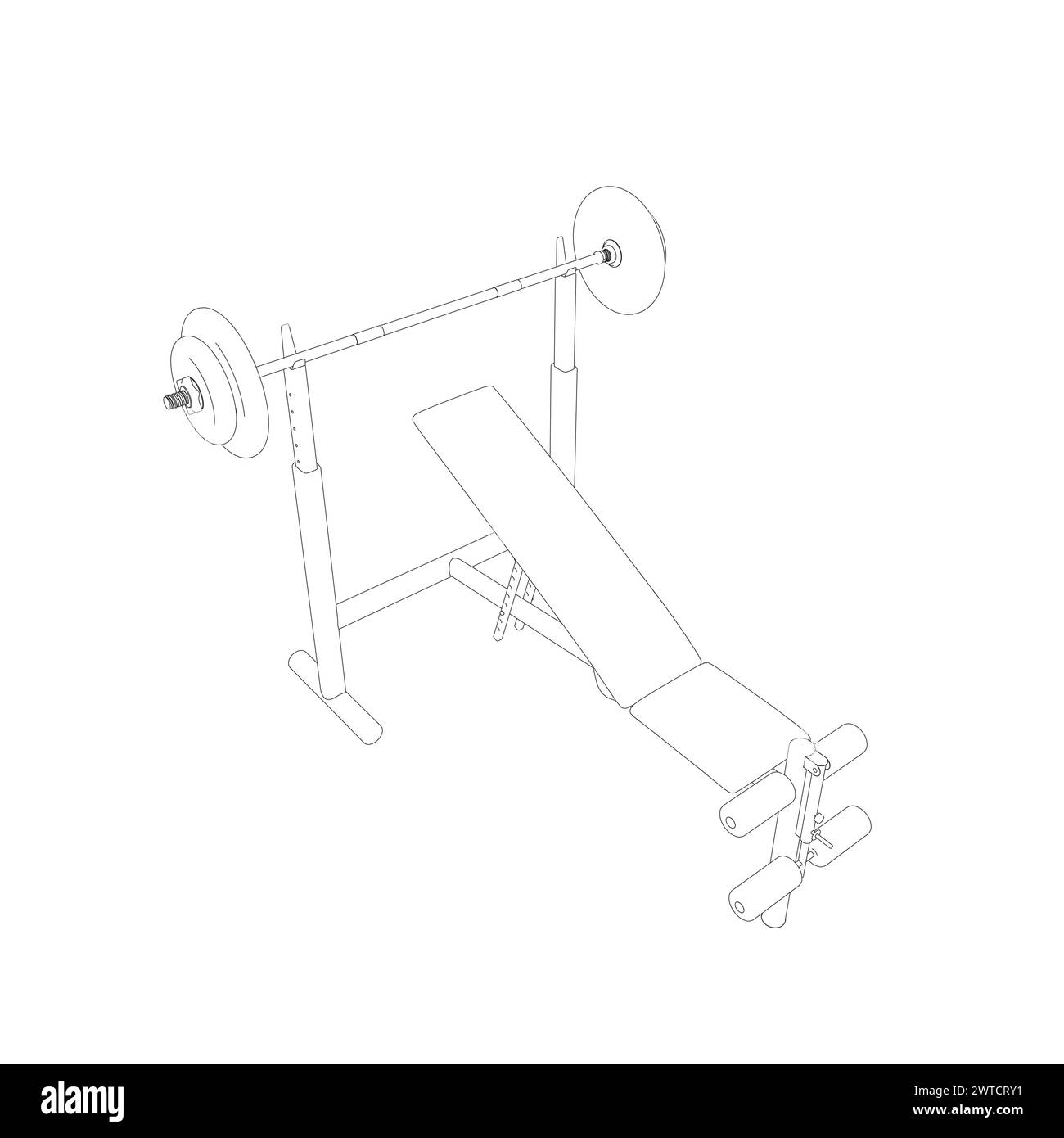 Outline of Gym bench and barbell on white stand isolated on white ... Outline of Gym bench and barbell on white stand isolated on white ...