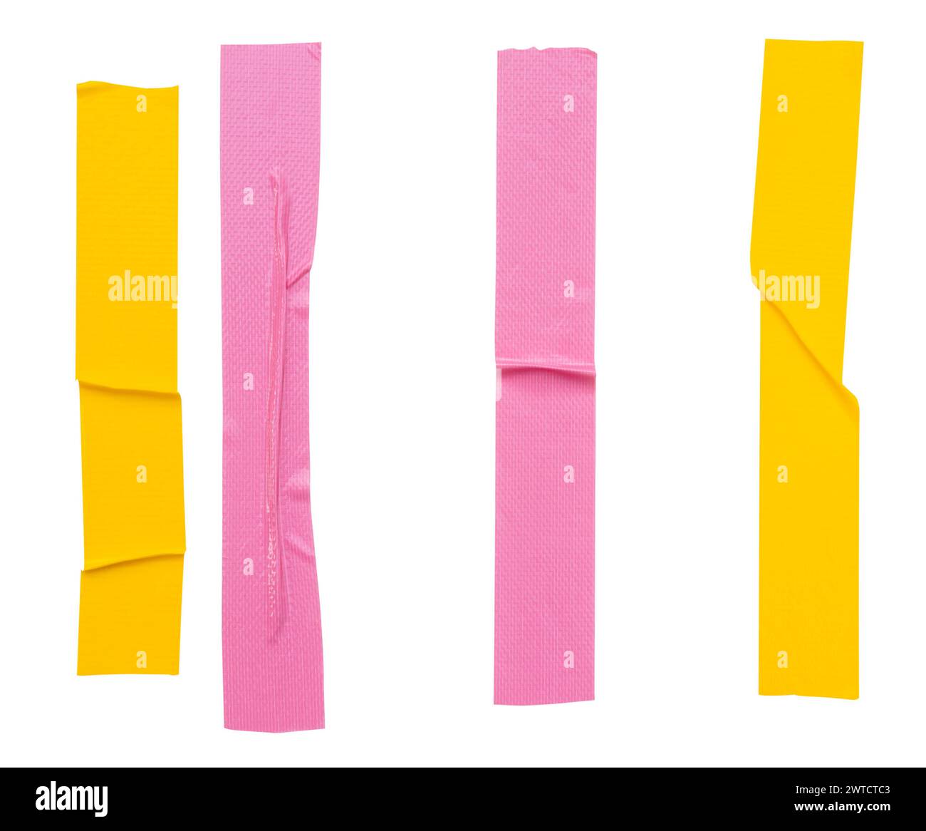 Top view set of pink and yellow wrinkled adhesive vinyl tape or cloth ...