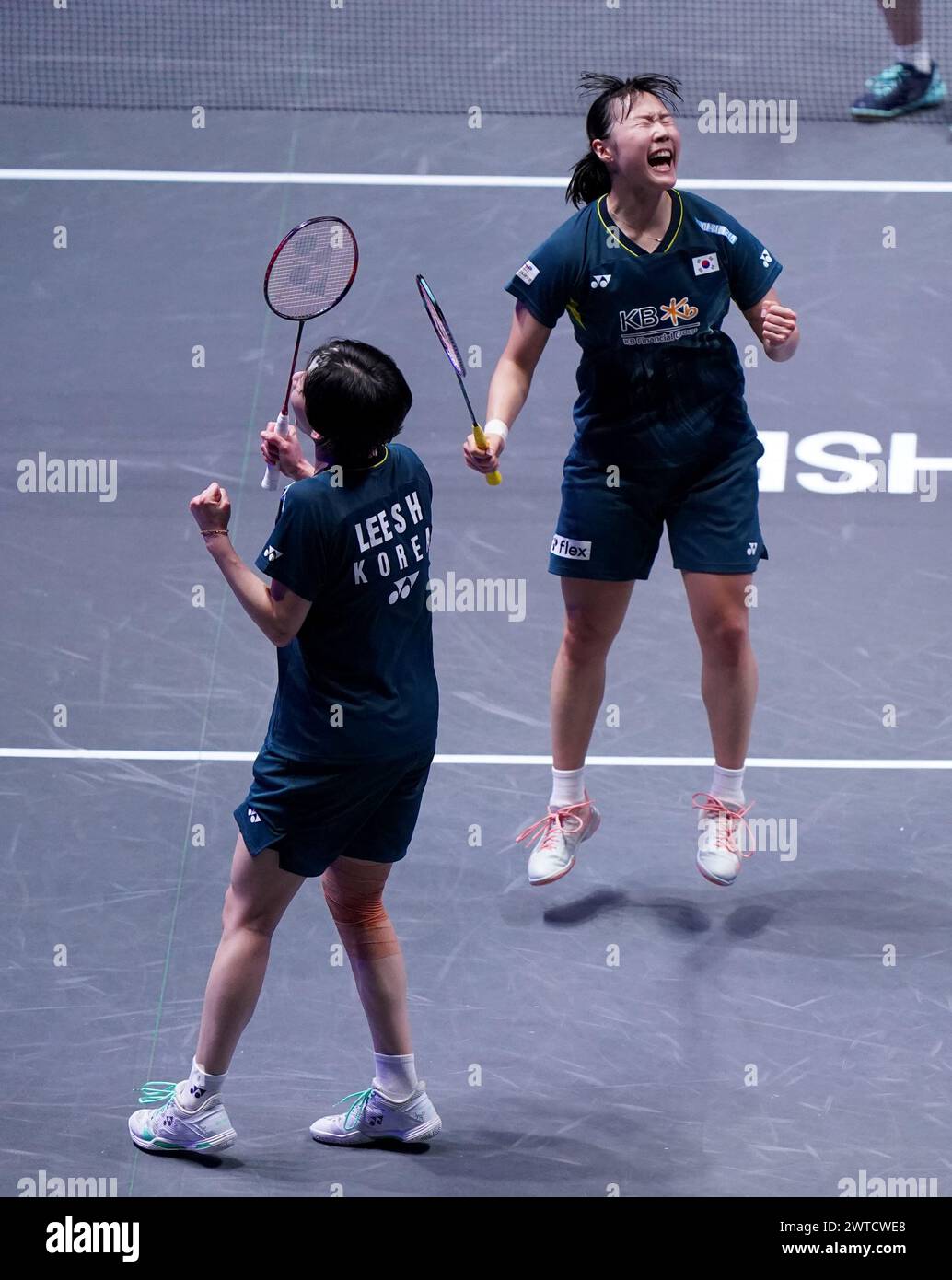 South Korea's Baek Ha-na and Lee So Hee celebrate victory against Japan's Nami Matsuyama and ...
