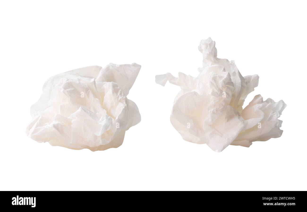 Front view set of crumpled tissue paper or toilet paper ball after use ...