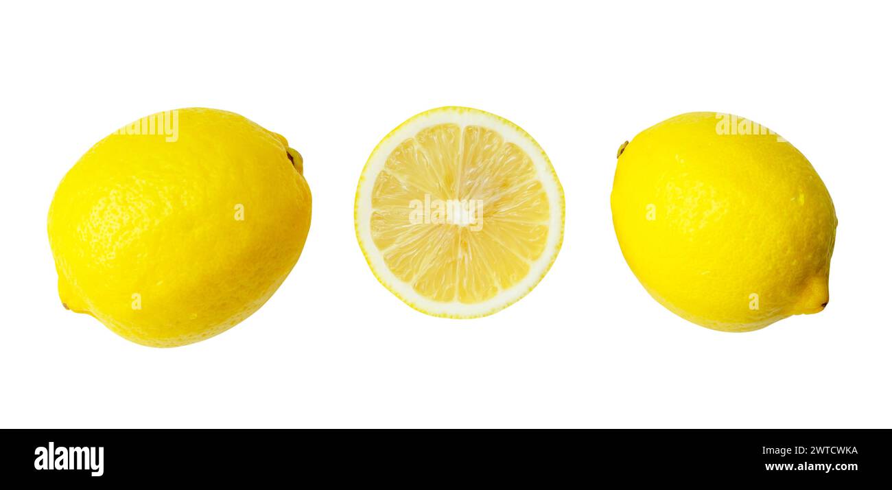 Top view of fresh yellow lemon fruits with some drops and half is ...