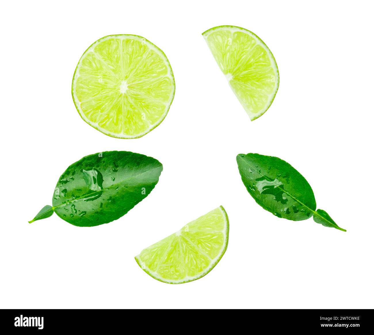 Top view set of green lemon fruit in half and slice or quarter shape with leaves is isolated on ...