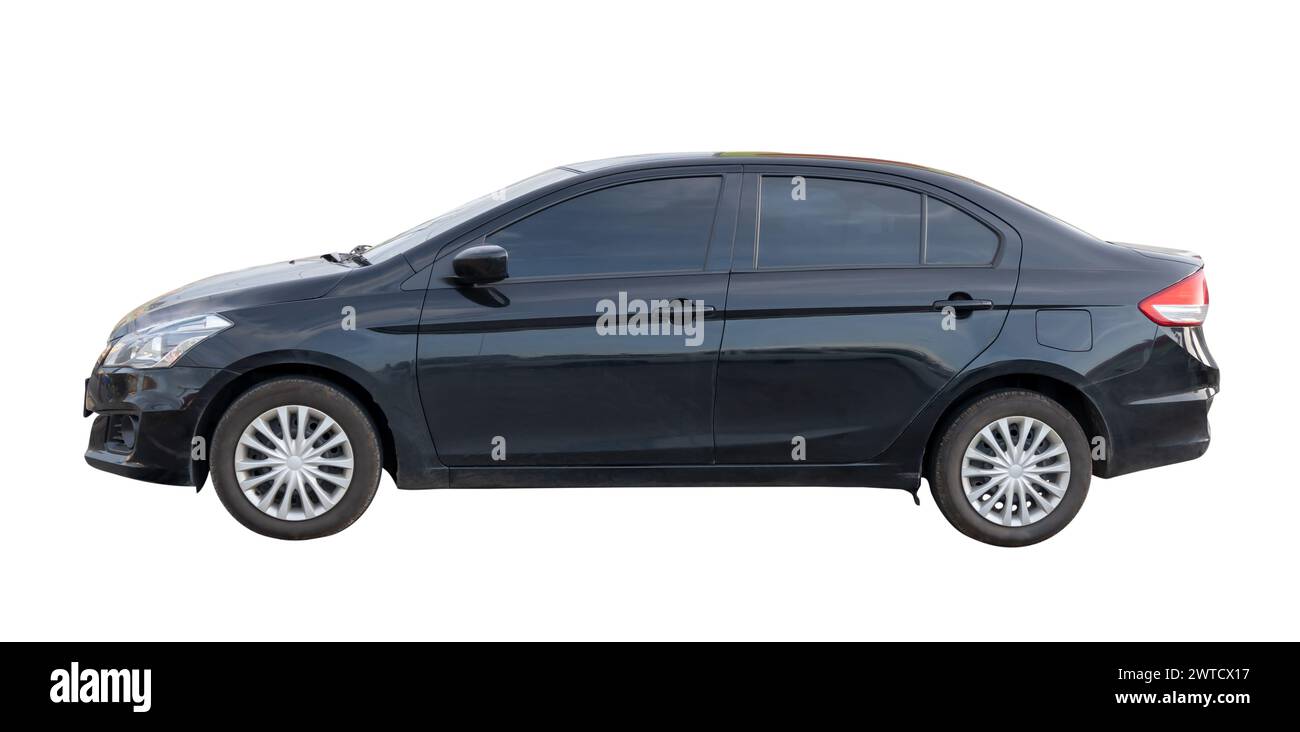 Side view of Black sedan car is isolated on white background with ...