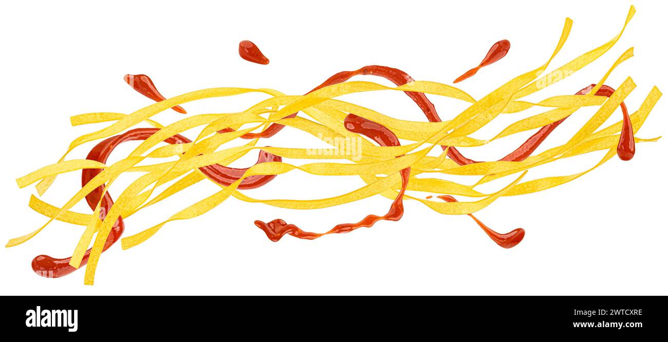 Fettuccine pasta with tomato sauce splash and basil leaves isolated on ...