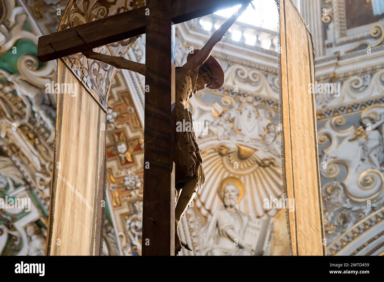 Gothic wooden crucifix from XIV century in Lombard Romanesque Basilica ...