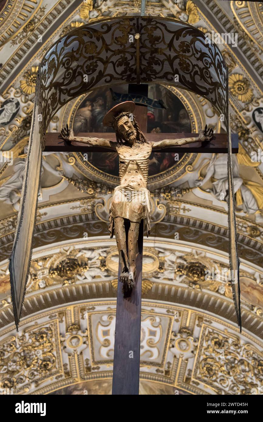 Gothic wooden crucifix from XIV century in Lombard Romanesque Basilica ...