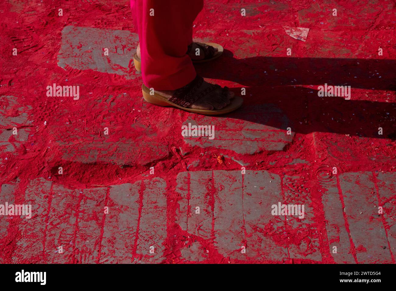 Kathmandu, Nepal. 17th Mar, 2024. Vermilion powder spreed on the ground ...