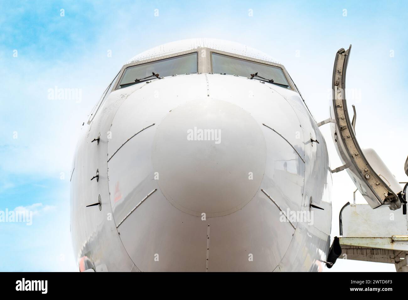 Airplane nose and cockpit of an old aircraft, close-up view Stock Photo ...