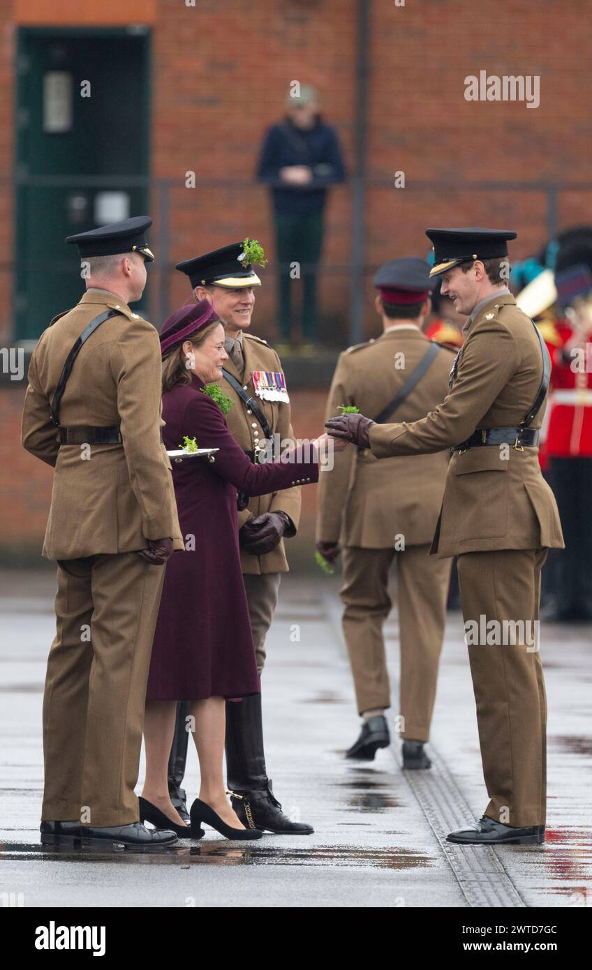 Mons Barracks, Aldershot, Hampshire, UK. 17th March 2024. The Irish Guards Regiment gather at a ...