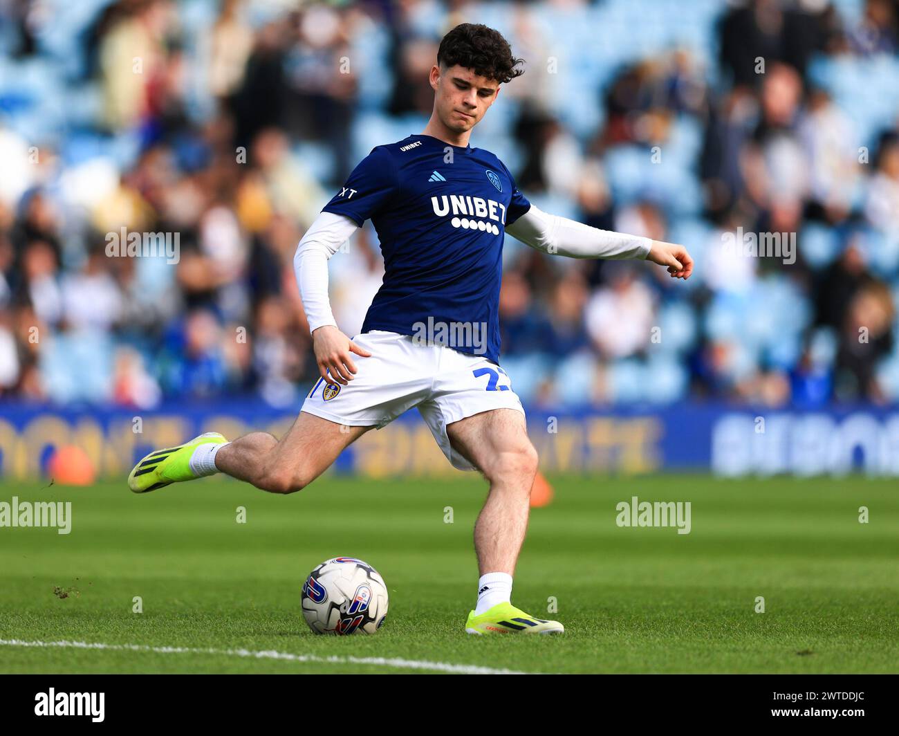 Leeds, UK. 17th Mar, 2024. Archie Gray of Leeds United warms up before ...