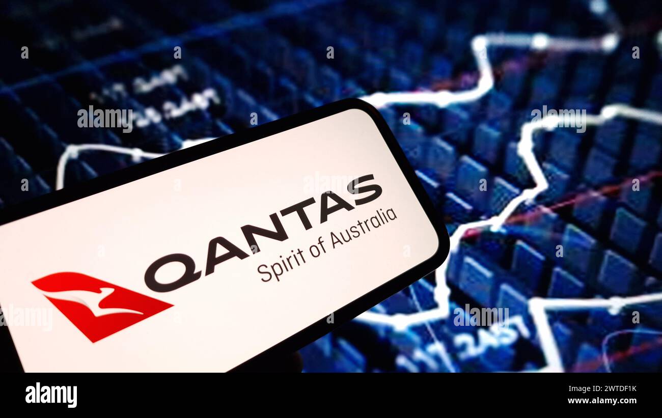 Konskie, Poland - March 16, 2024: Qantas Airways company logo displayed ...