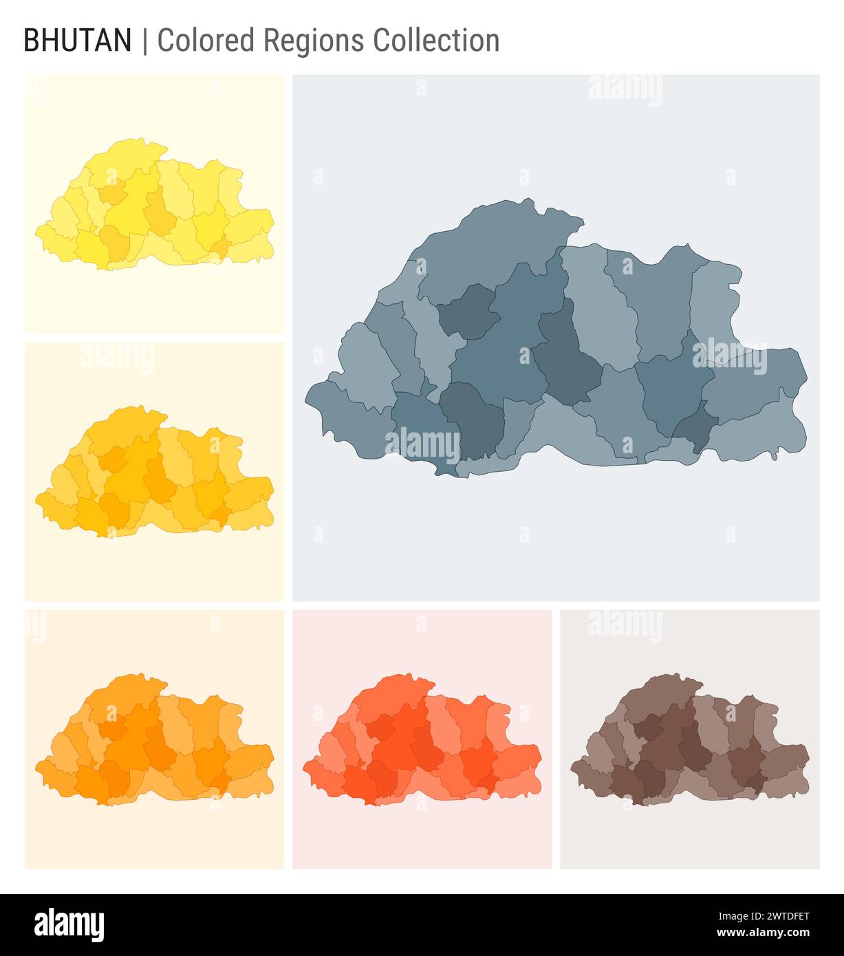 Bhutan map collection. Country shape with colored regions. Blue Grey ...