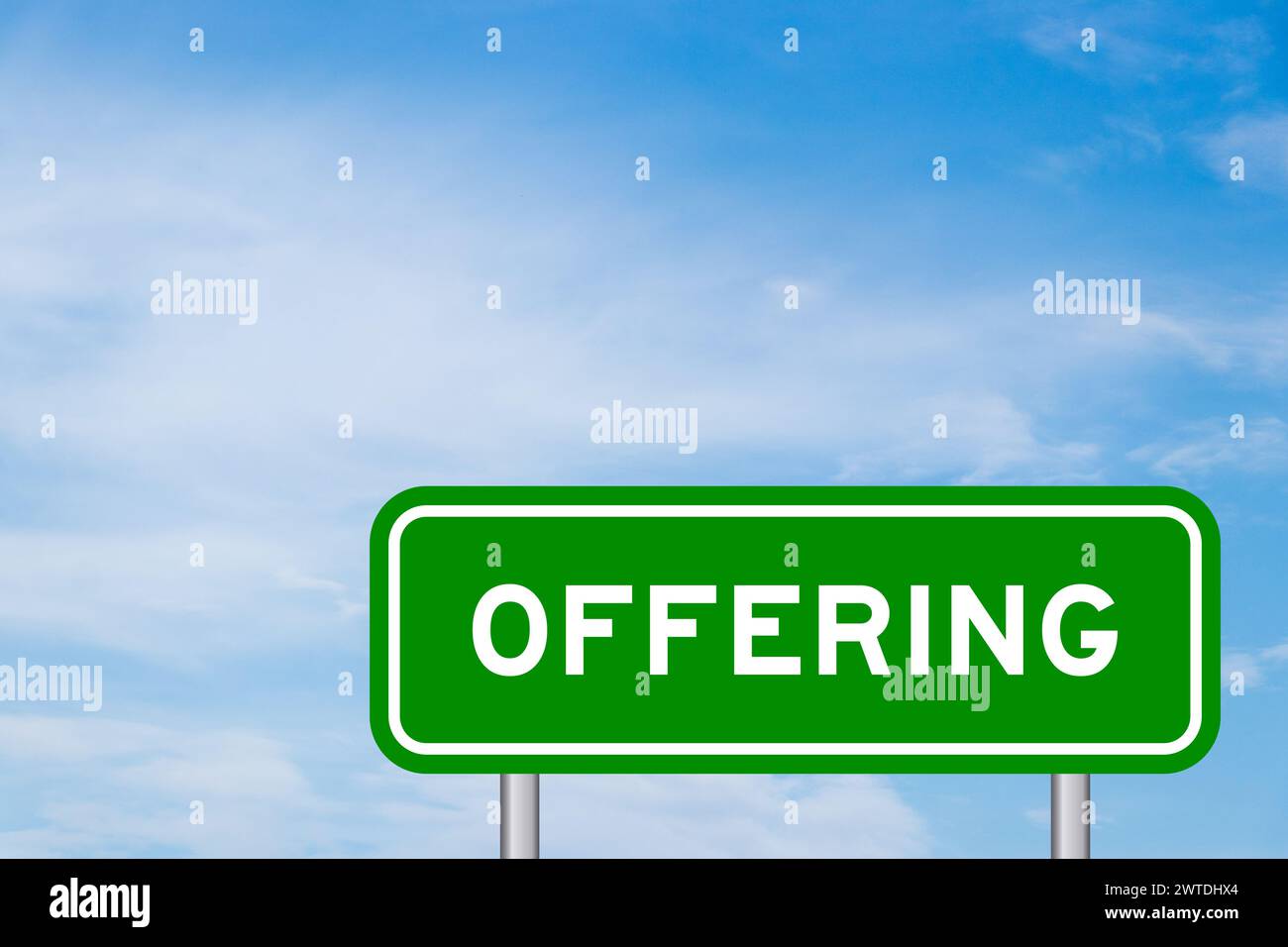 Green color transportation sign with word offering on blue sky with ...