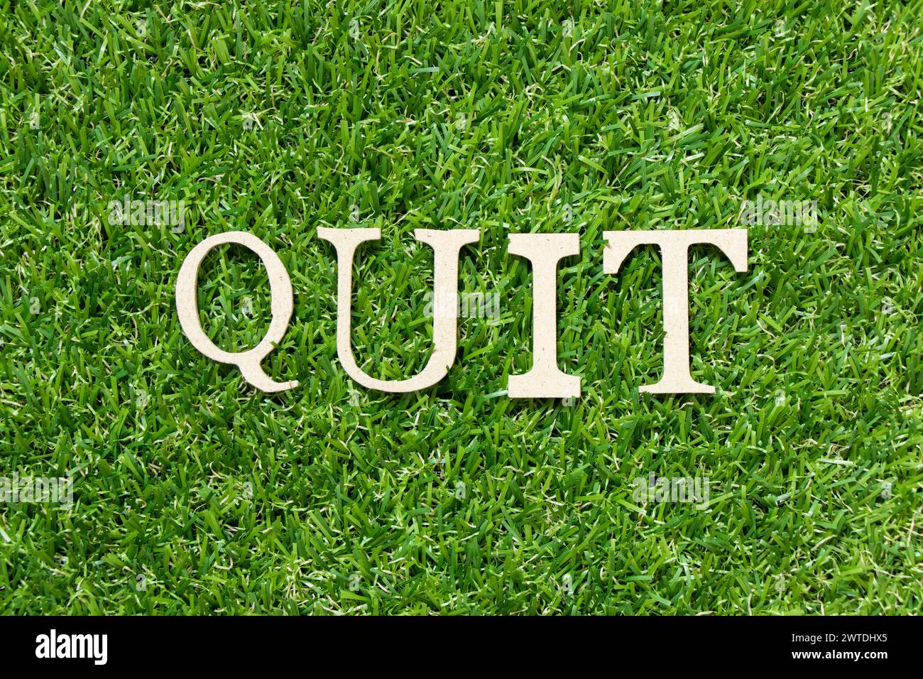 Wood letter in word quit on green grass background Stock Photo - Alamy