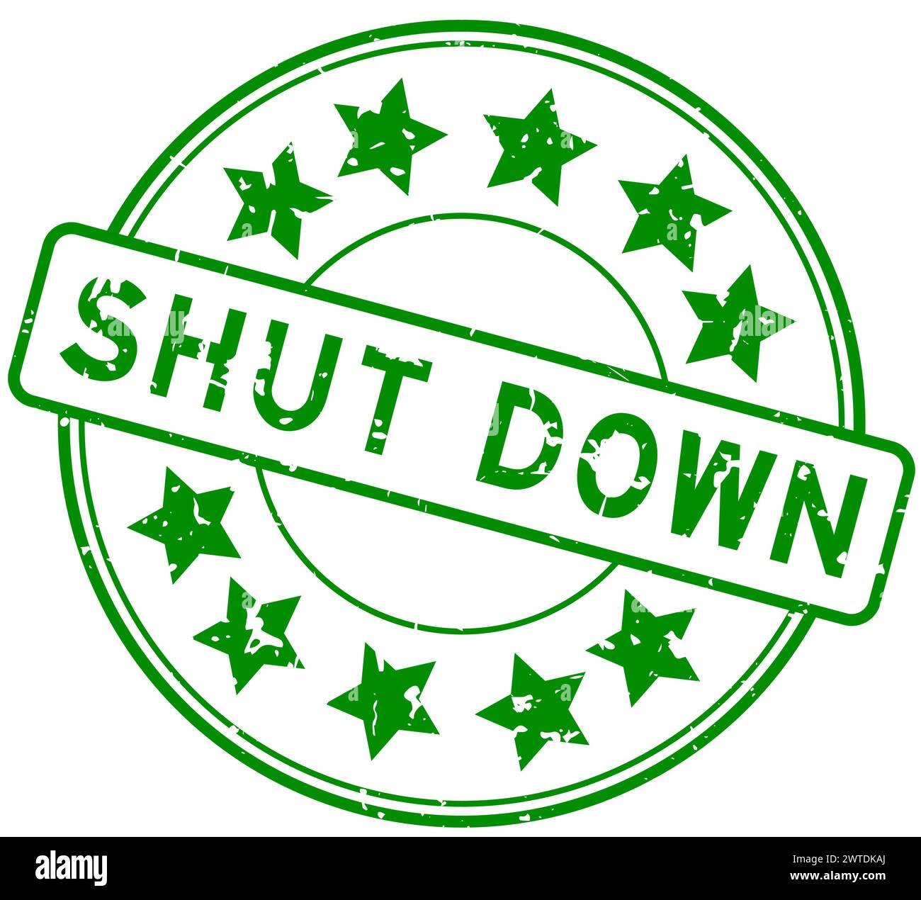 Grunge green shut down word with star icon round rubber seal stamp on ...