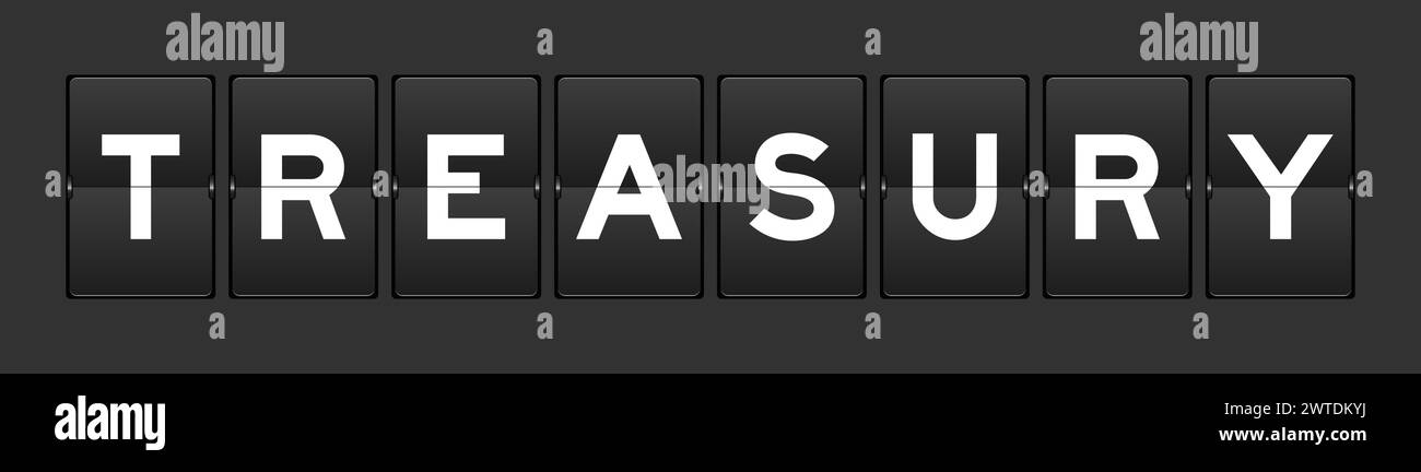 Black color analog flip board with word treasury on gray background ...