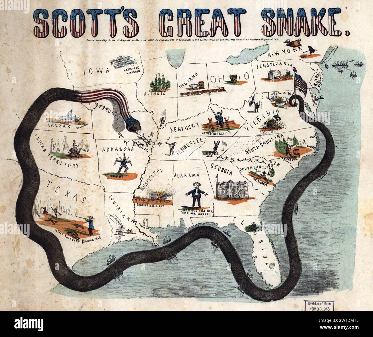 Scott's great snake. Cartoon map illustrating Gen. Winfield Scott's ...