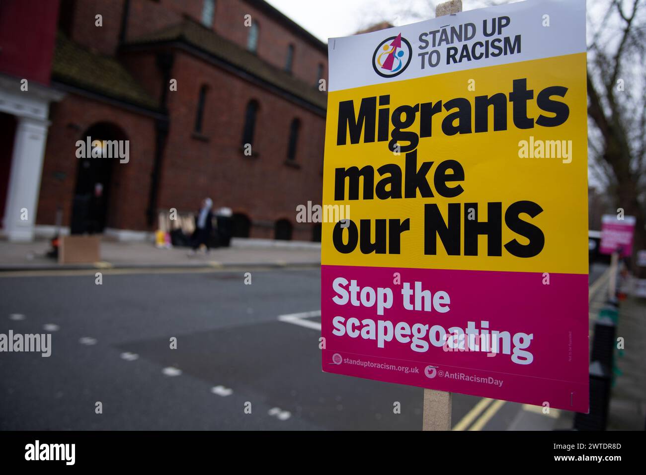 London, UK. 16th Mar, 2024. A protestor holds a placard during the UN ...