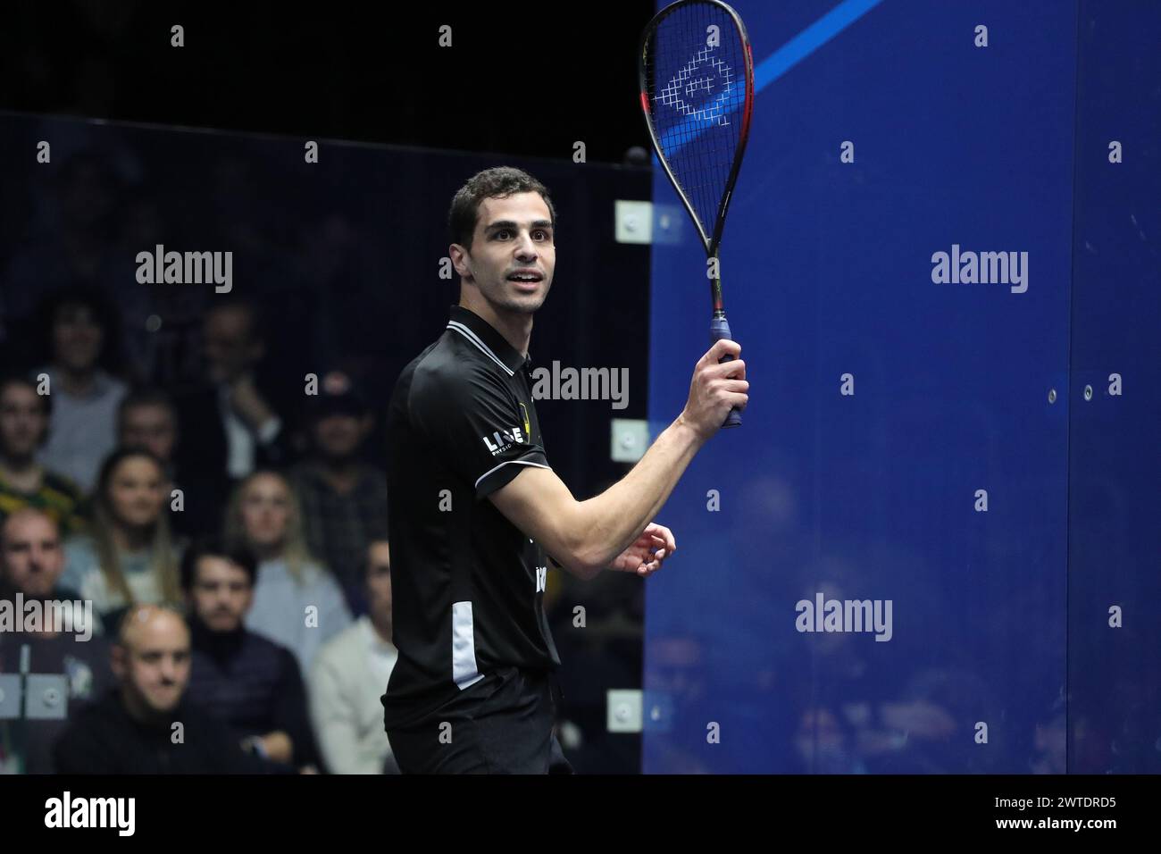 Ali Farag (Egy) in action during the Optasia Squash Championships at ...
