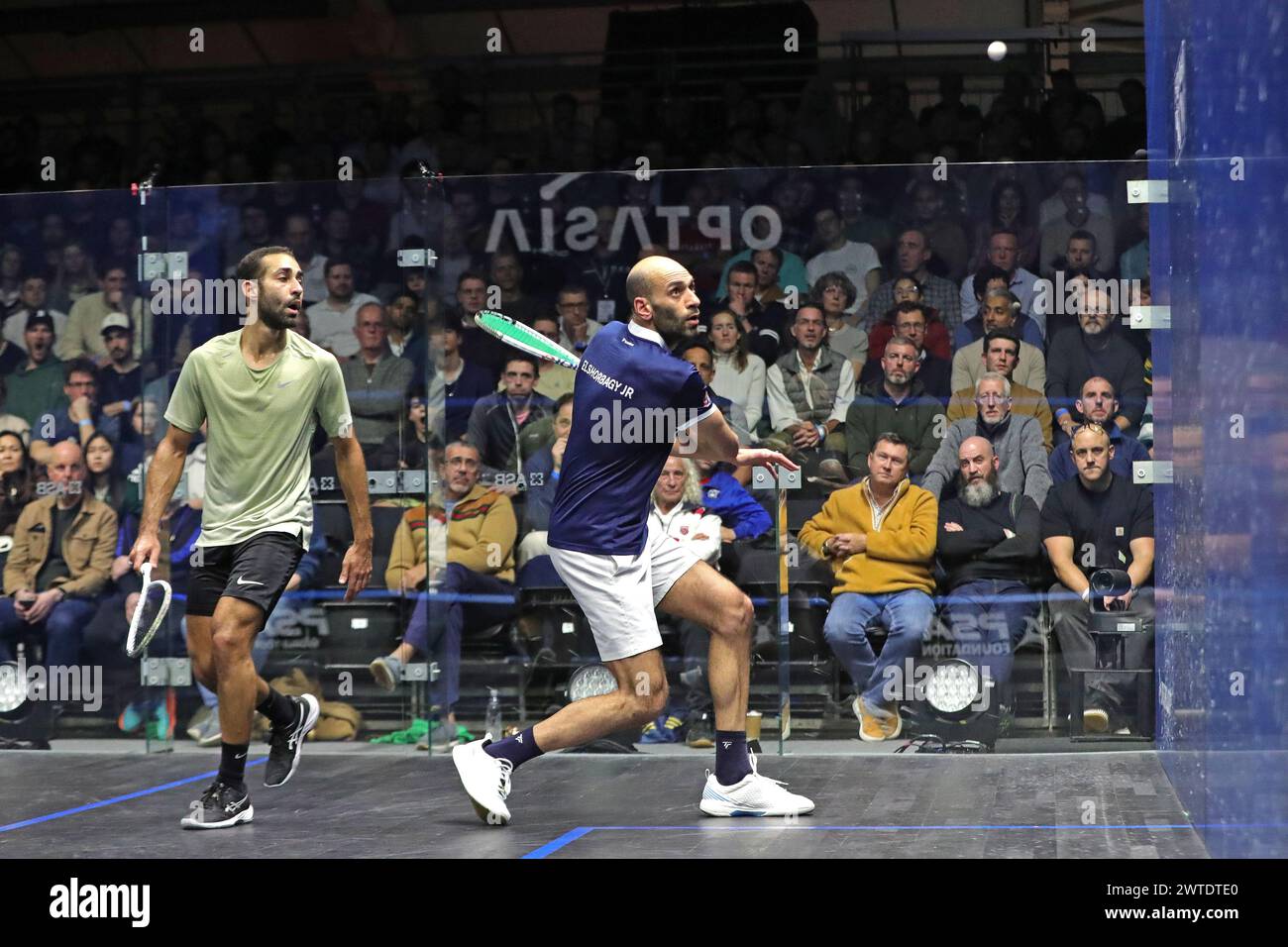 Marwan Elshorbagy (Eng) takes on Karim El Hammamy (Eng) during the ...