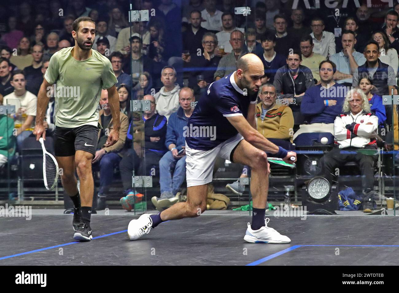 Marwan Elshorbagy (Eng) takes on Karim El Hammamy (Eng) during the ...