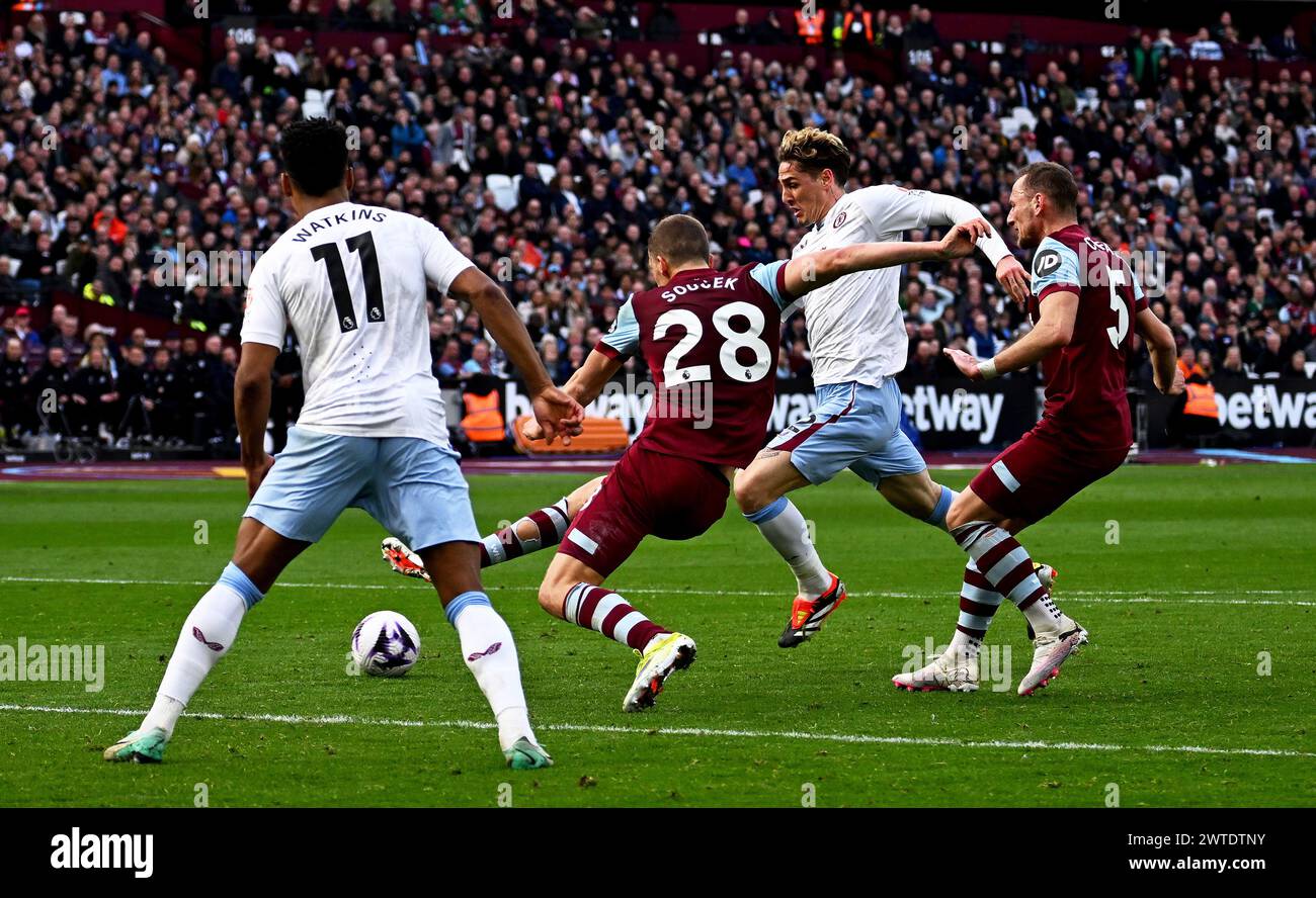 London, UK. 17th Mar, 2024. Nicolo Zaniolo of Aston Villa prepares to ...