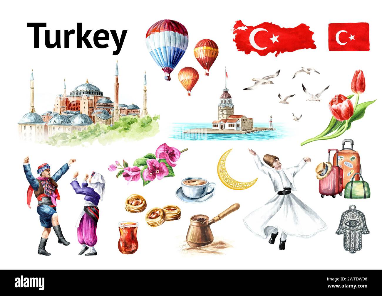 Travel to the Turkey, symbols set. Hand drawn watercolor illustration ...