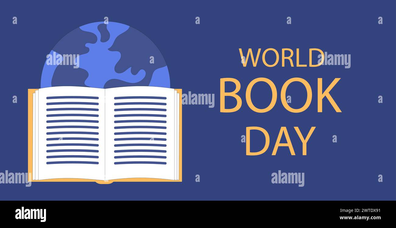 World book and copyright day banner template. Reading lover. Open new novel with planet earth ...