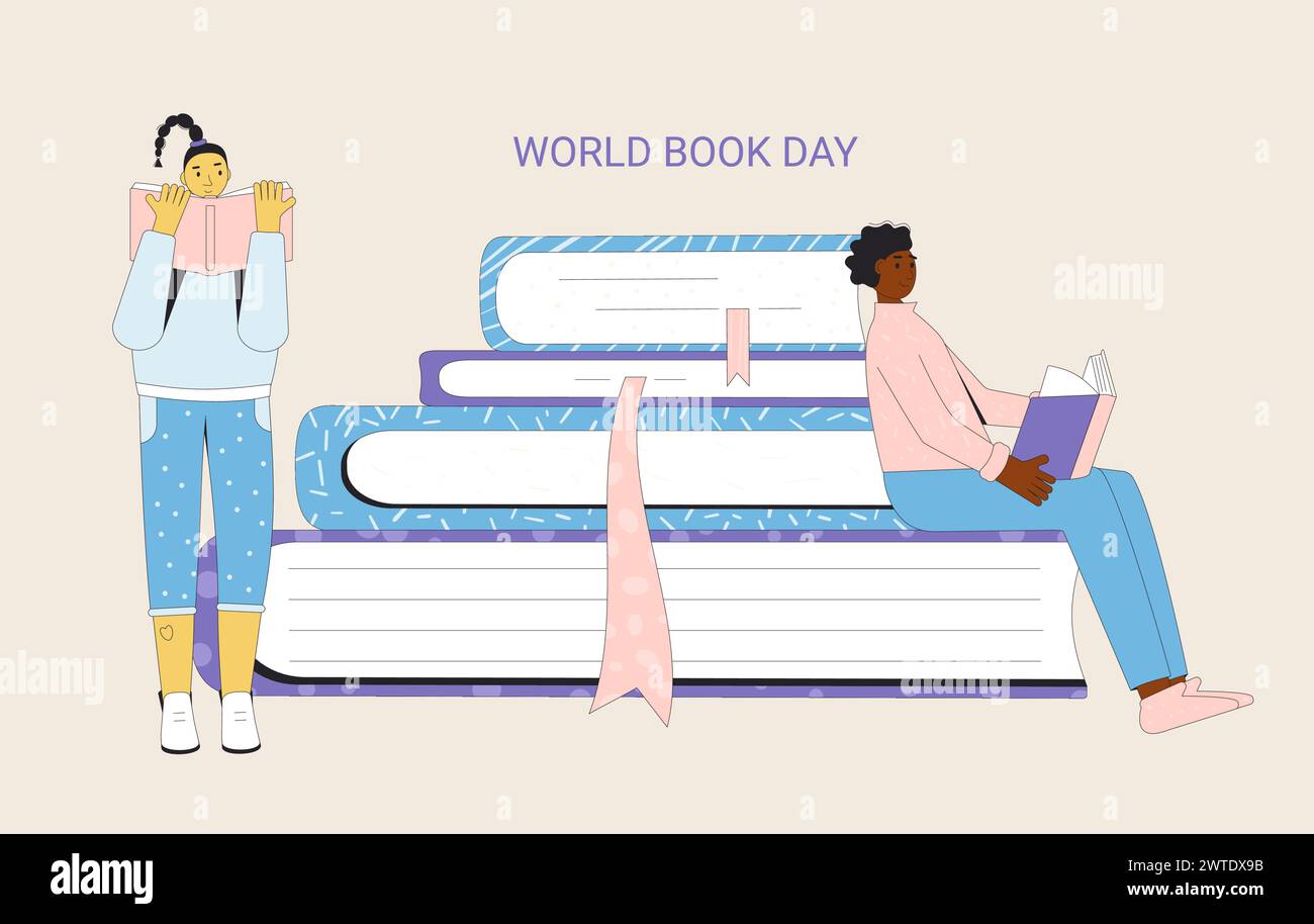World book and copyright day banner template. Teenagers reading lover ...