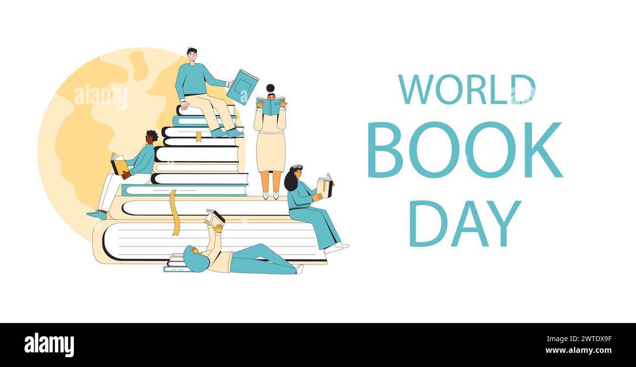 World book and copyright day banner template. Reading lovers in library ...